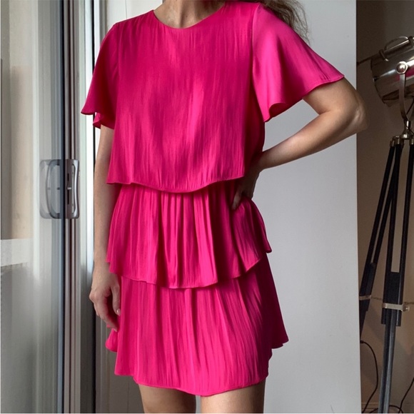 Zara | Dresses | Zara Neon Pink Fuchsia Ruffled Cocktail Short Sleeves ...